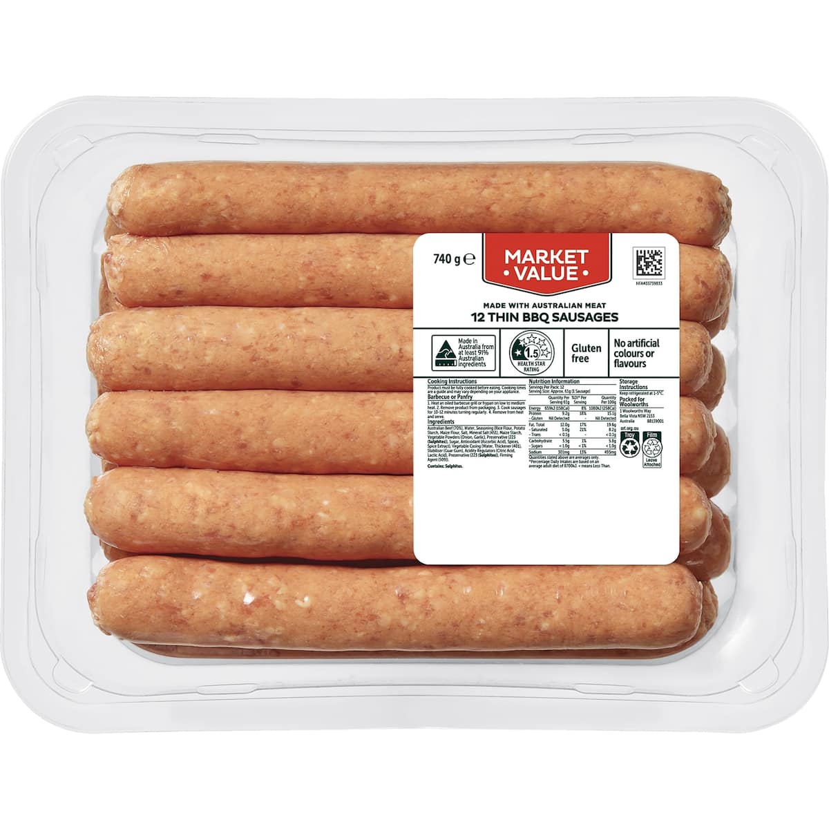 Market Value 12 Thin BBQ Sausages 740g | bunch