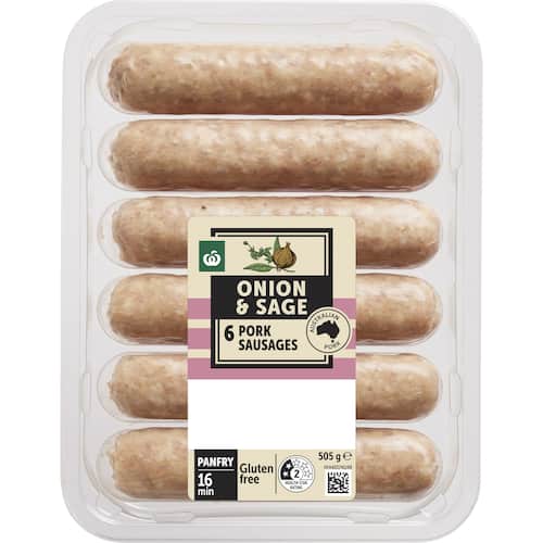 Woolworths 6 Onion & Sage Pork Sausages 505g | bunch