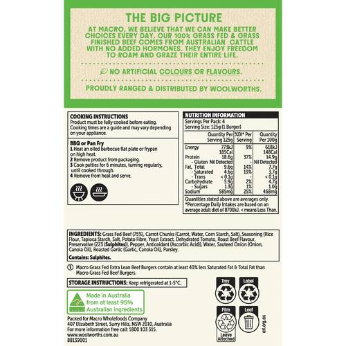 Macro Grass Fed 4 Extra Lean Beef Burgers 500g | bunch