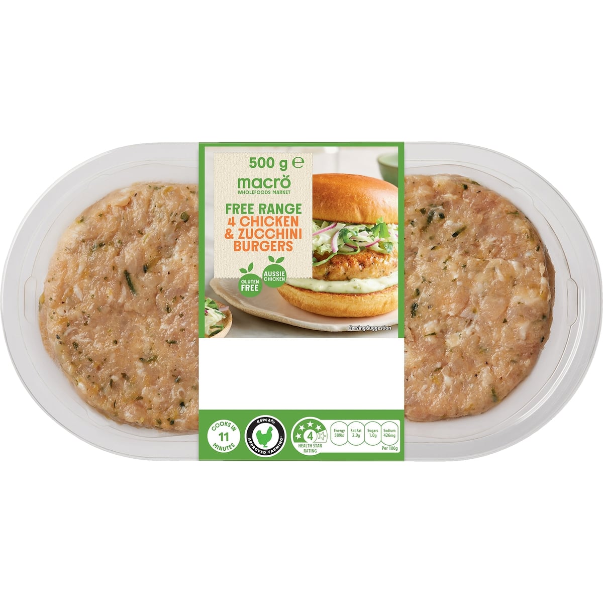 Macro Free Range RSPCA Approved 4 Chicken & Zucchini Burgers 500g | bunch