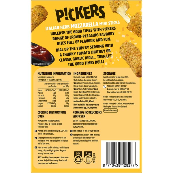 Mccain Pickers Mozzarella Mini Sticks Italian Herb 230g | Woolworths
