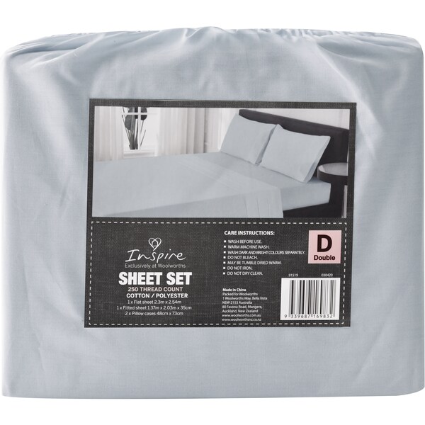 Inspire Sheet Set 250 Thread Count Double Blue Each | Woolworths