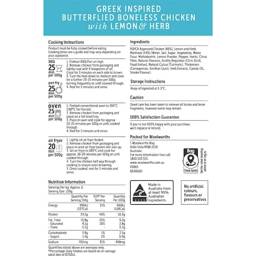 Woolworths BBQ Boneless Butterflied Chicken Greek Style 850g - 1.25kg ...