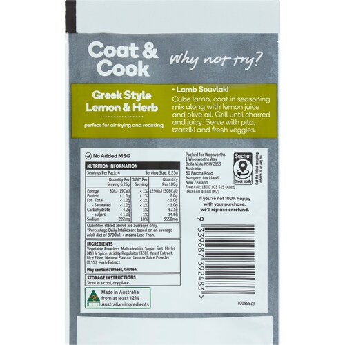 Woolworths Coat & Cook Seasoning Mix Greek Style Lemon & Herb 25g | bunch