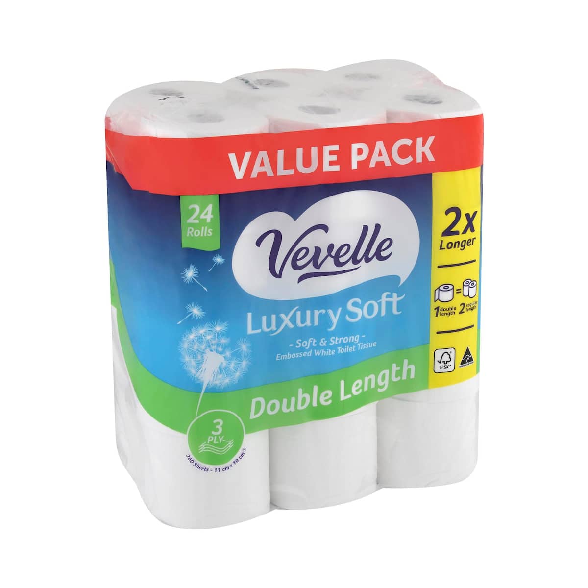Vevelle Luxury Soft Toilet Tissue Double Length 3ply 24 pack | bunch