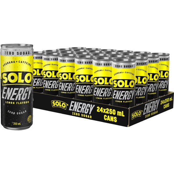 Solo Energy Drink Lemon Zero Sugar 250mL x 24 pack | Woolworths