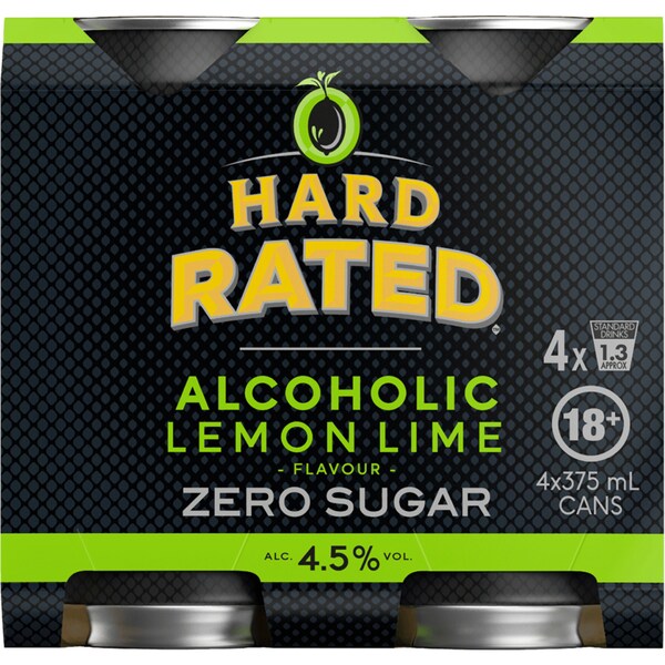 Hard Rated Zero Sugar Alcoholic Lemon Lime 375mL x 4 pack | Woolworths