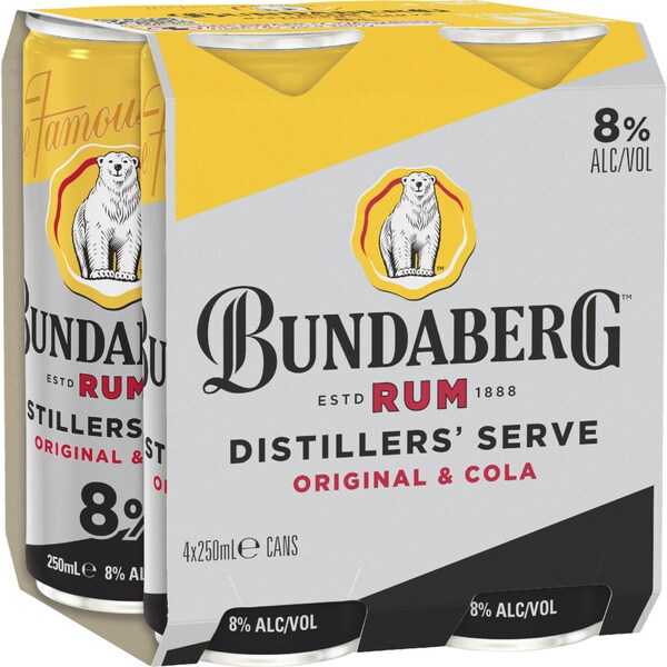 Bundaberg Rum & Cola Can 250mL x 4 Pack | Woolworths
