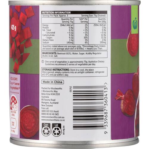 Woolworths Beetroot Diced 425g | bunch
