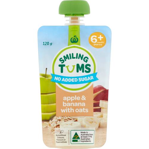 Woolworths Smiling Tums Baby Food Apple and Banana With Oats 120g | bunch