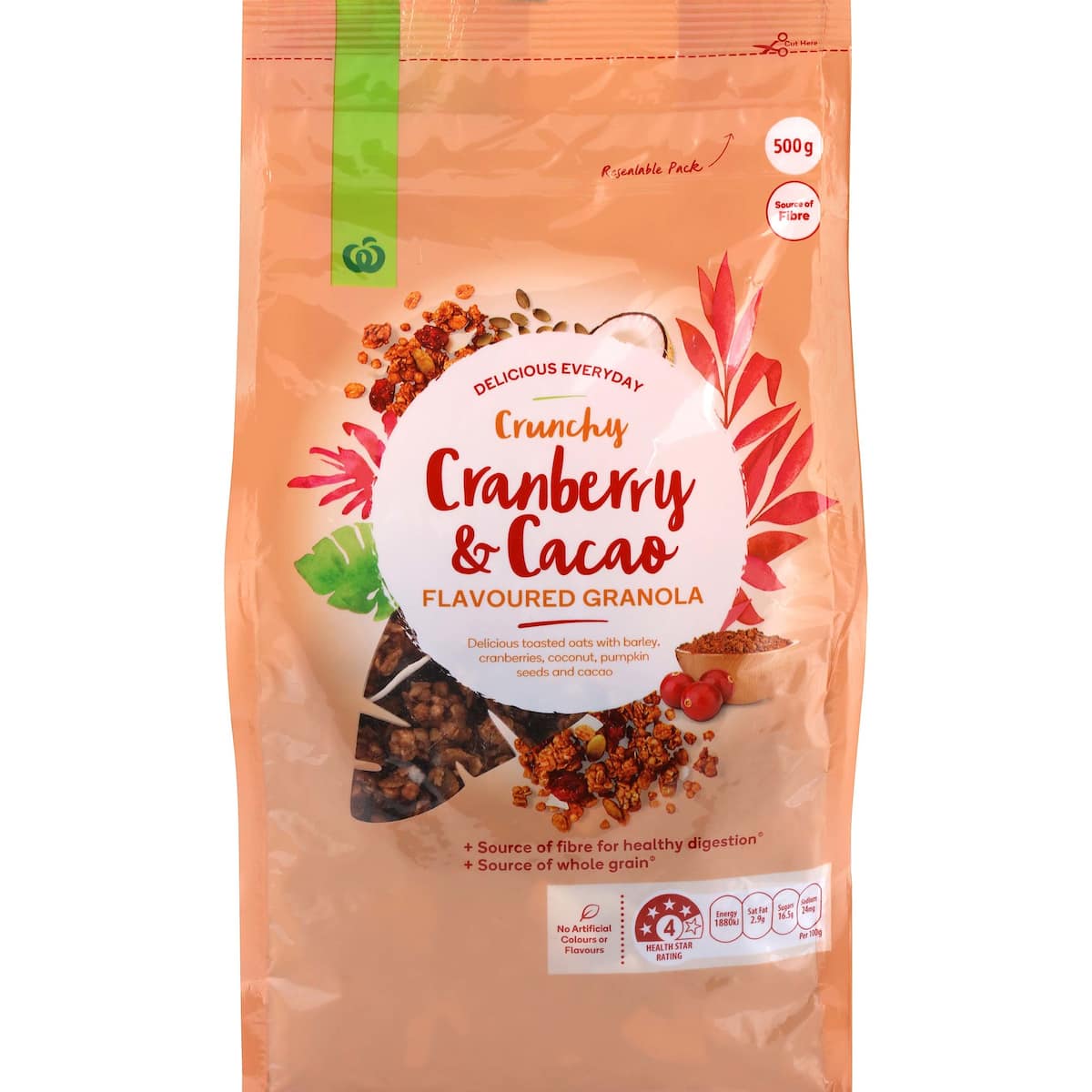Woolworths Cacoa Cranberry Granola 500g | bunch
